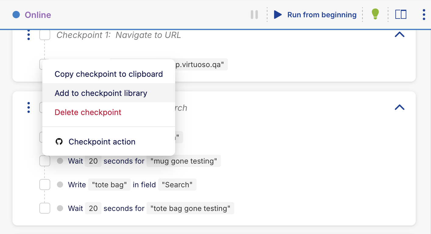 Reusing steps with library checkpoints | Virtuoso Guide
