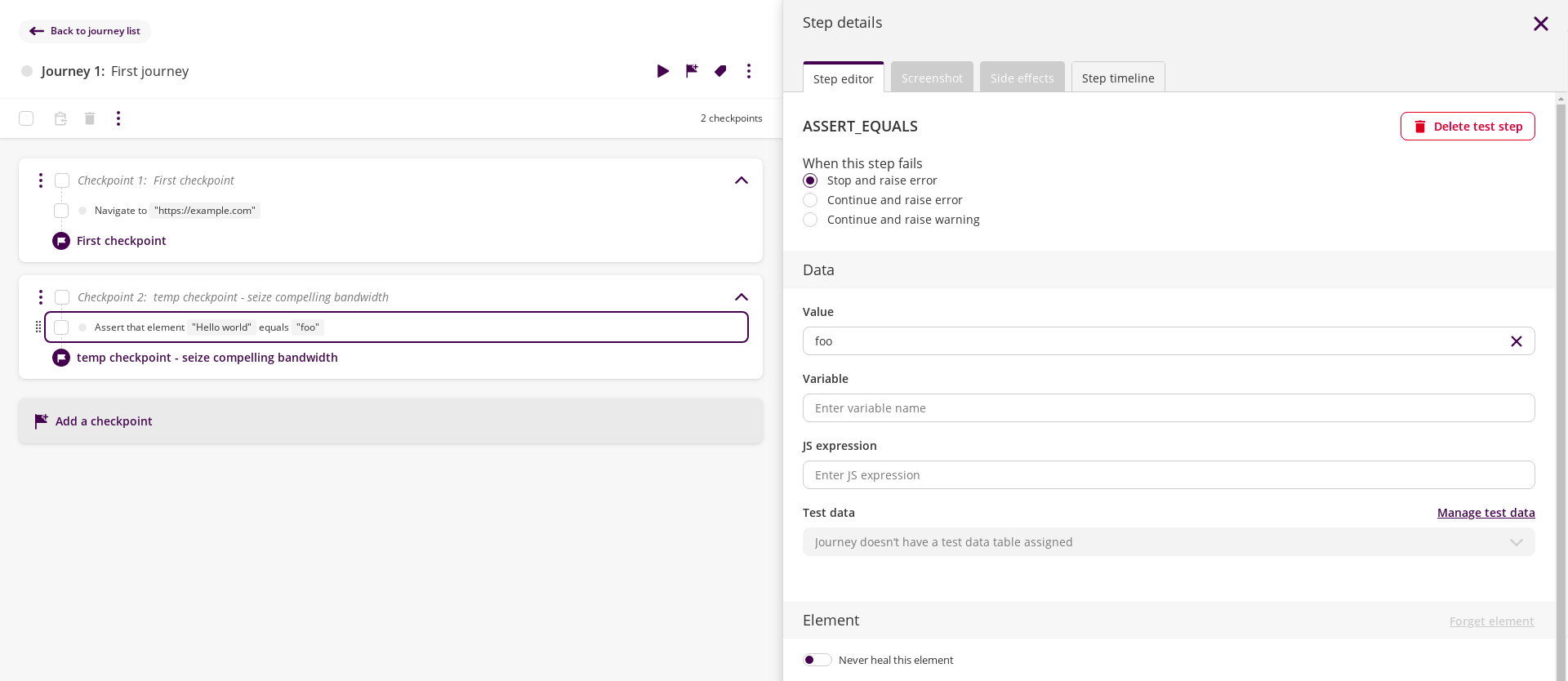 Adding a checkpoint and test steps | Virtuoso Guide
